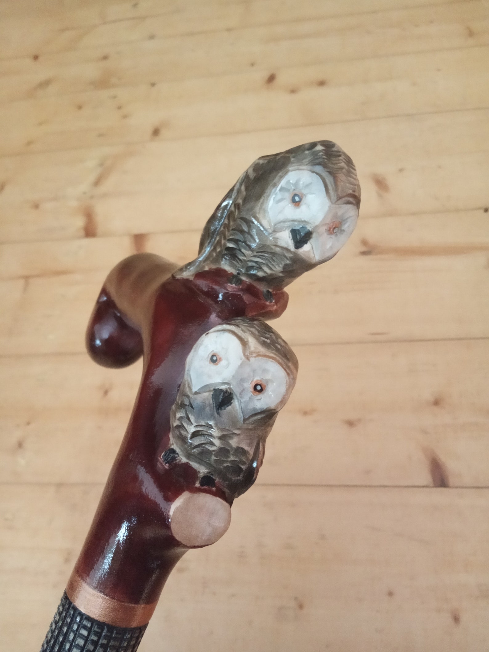 Owls on A Branch Elegant Wooden Cane. Hand Carved Handle and Hiking ...