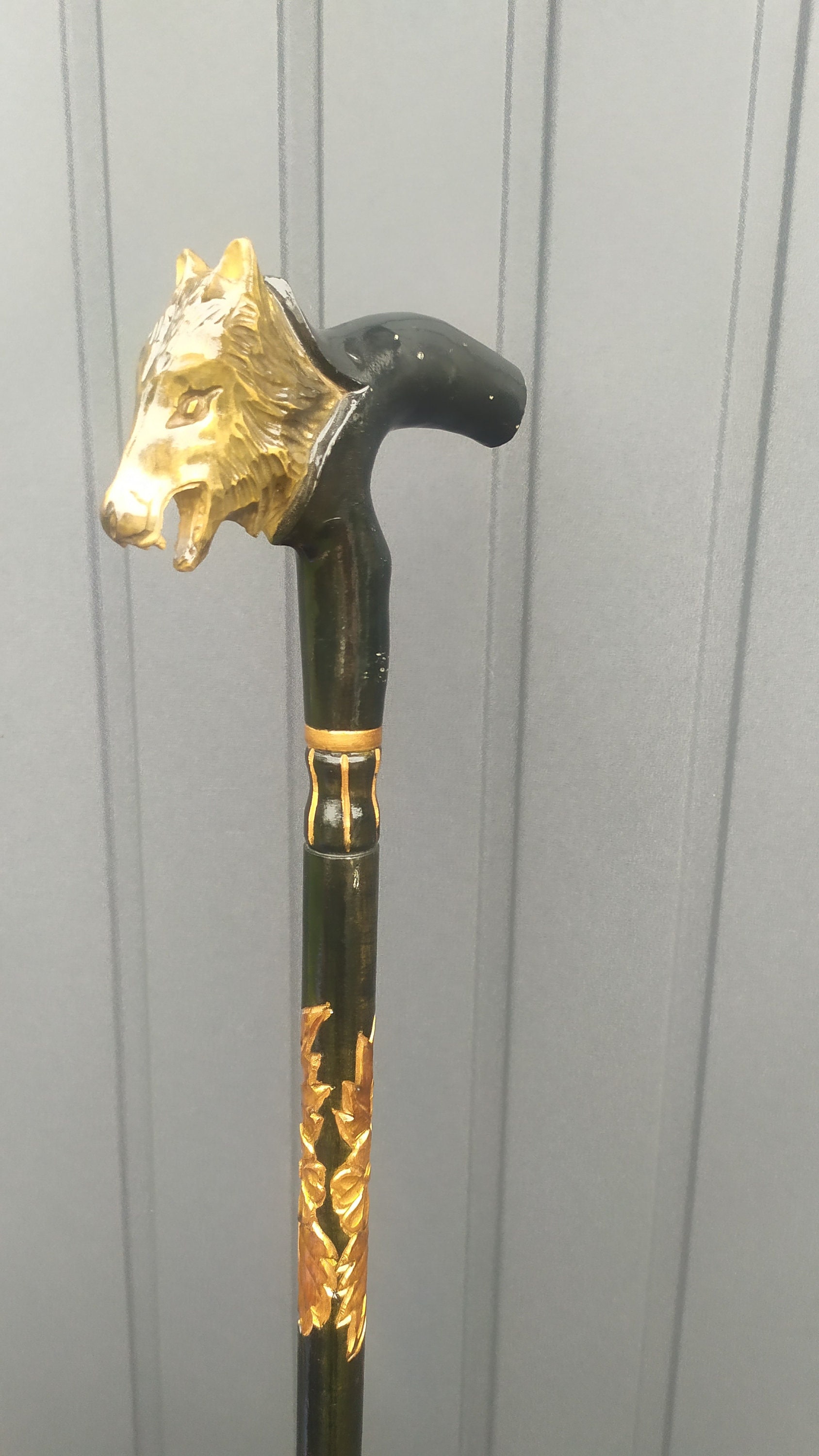 Wooden Cane Wolf Carved Handle and Staff Wood Walking Stick Hand Carved ...