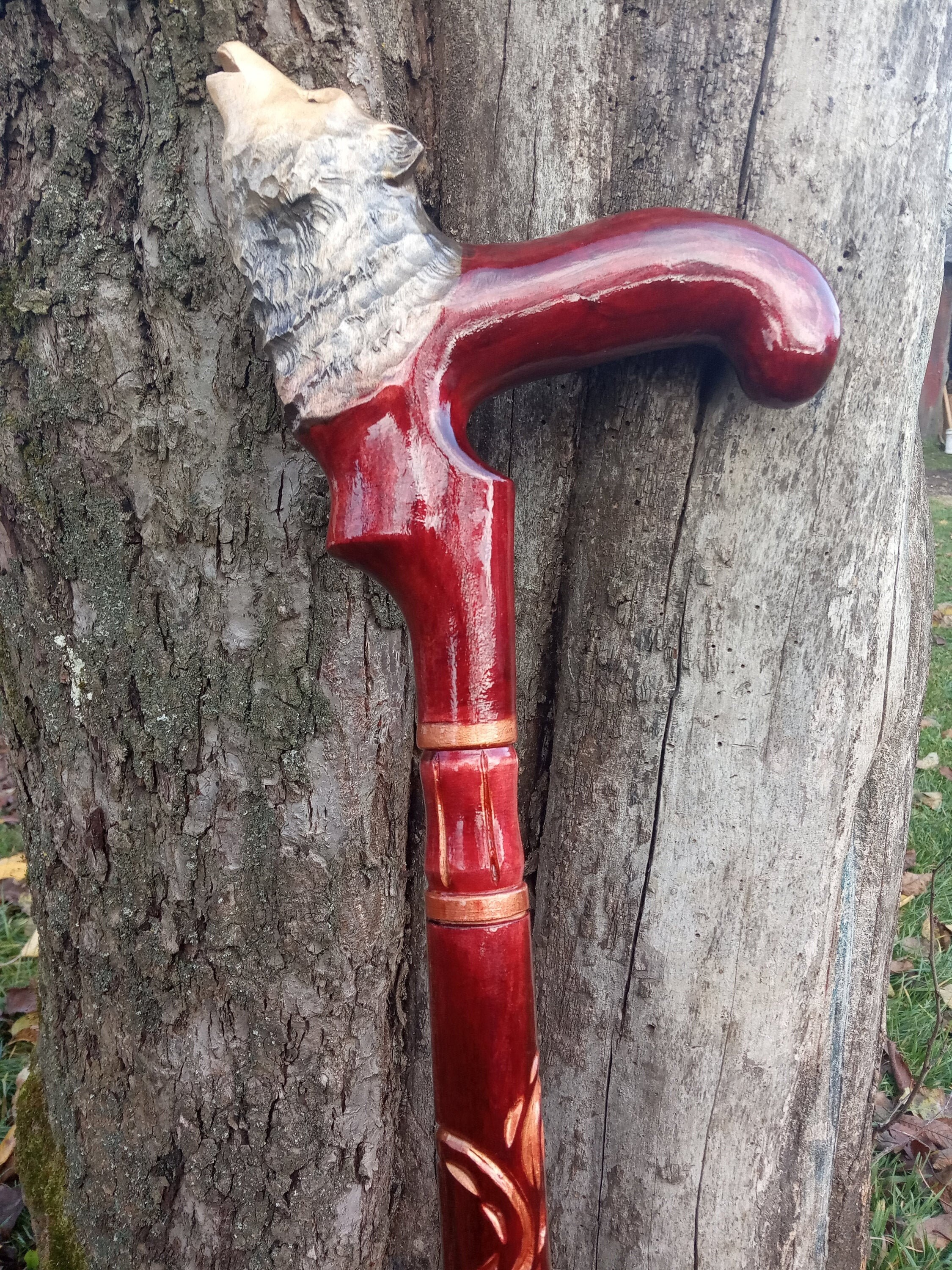 Wooden Cane Howling Wolf Carved Handle and Staff Wood Walking Stick ...