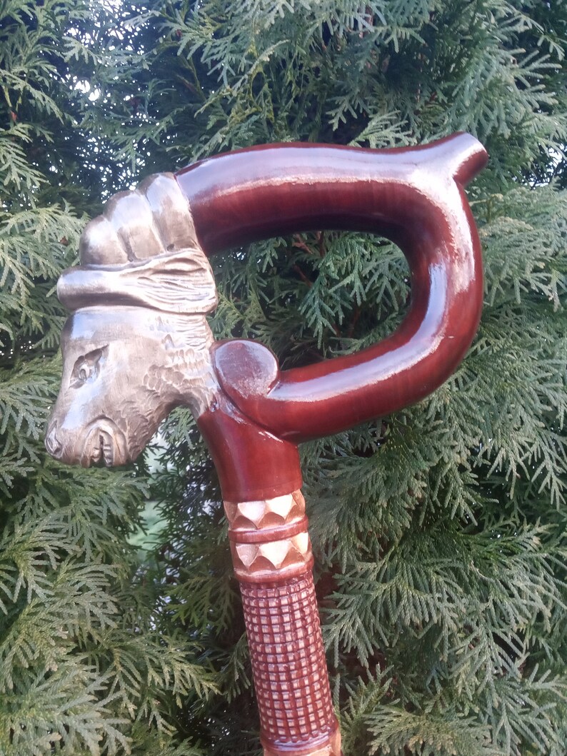 Walking Cane Ram Carved Handle and Staff Wood Walking Stick Hand Carved ...