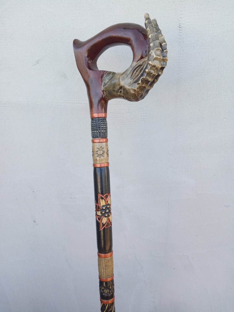 Wooden Cane Goat Carved Handle and Staff Wood Walking Stick Hand Carved ...