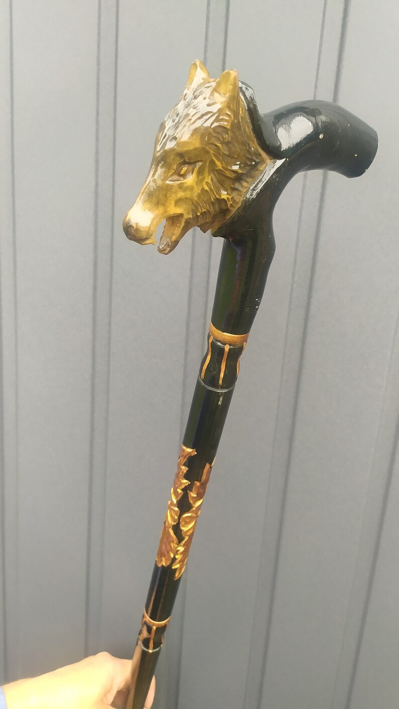 Wooden Cane Wolf Carved Handle and Staff Wood Walking Stick Hand Carved ...