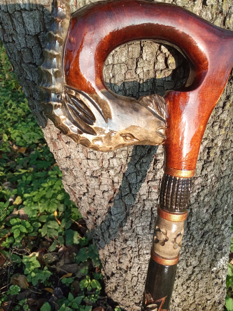 Wooden Cane Goat Carved Handle and Staff Wood Walking Stick Hand Carved ...