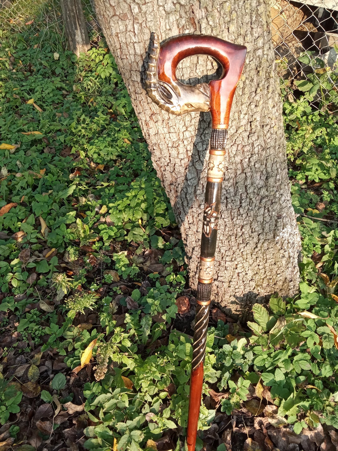 Wooden Cane Goat Carved Handle and Staff Wood Walking Stick Hand Carved ...