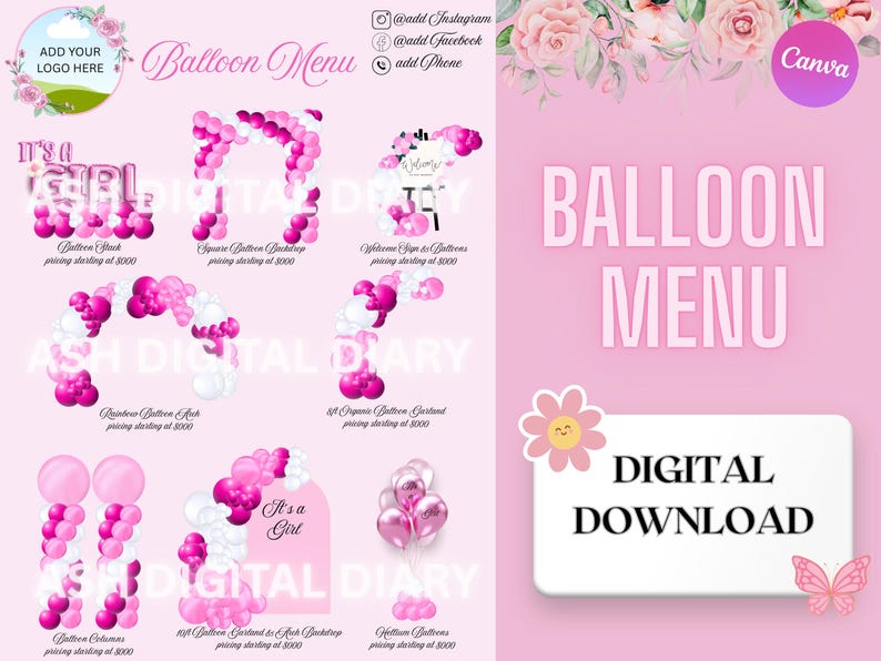 Pink Balloon Menu, Balloon Mockup Template, Editable Balloon Price List ...