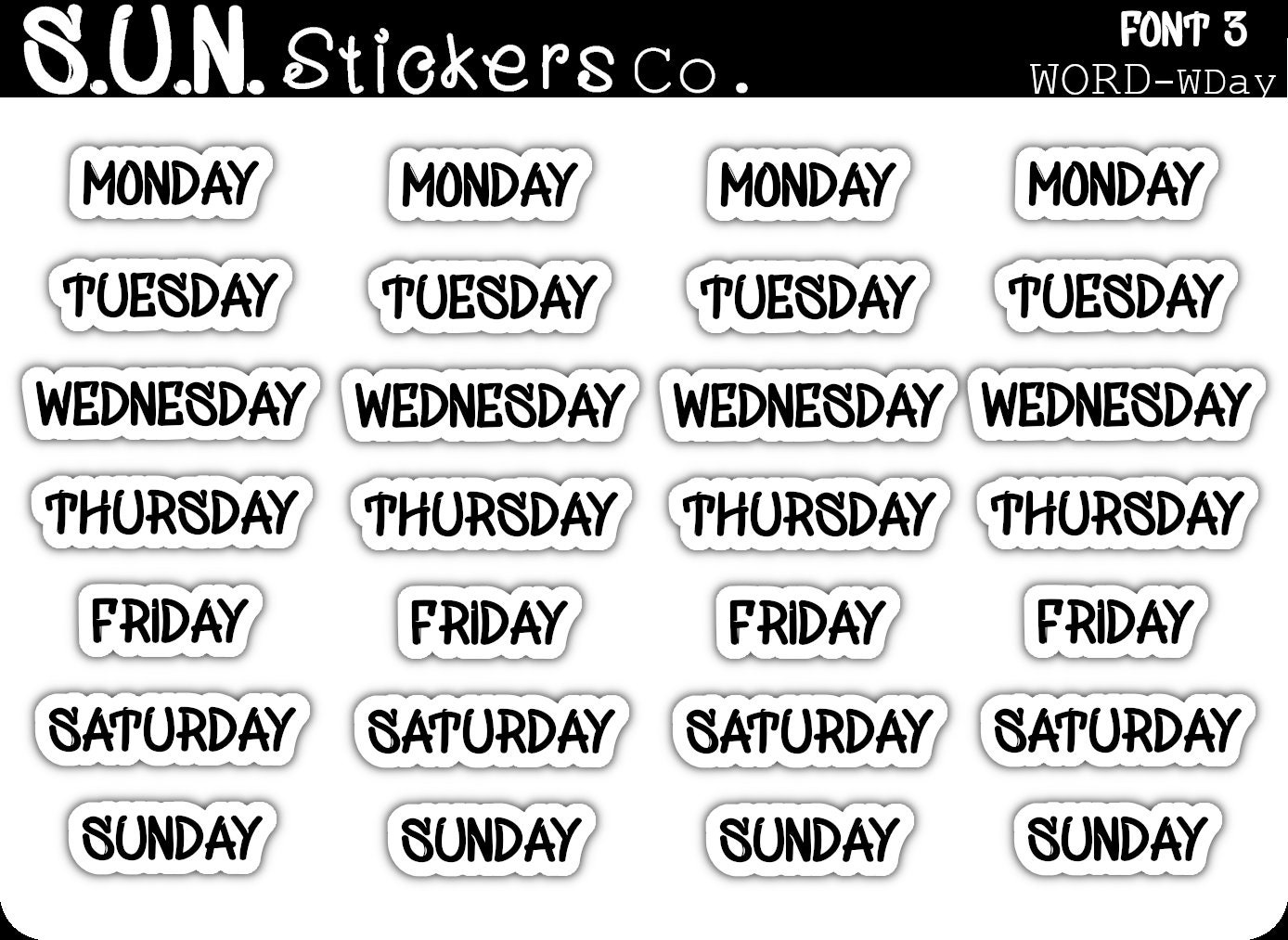 Weekday Stickers, Days of the Week Stickers, Word Stickers, Stickers ...