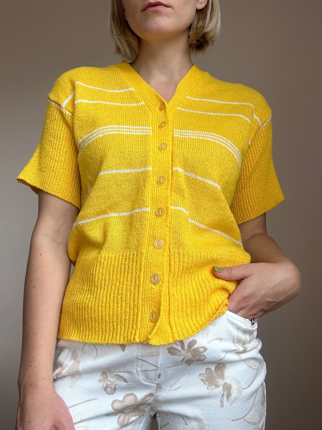 Vintage Knit Yellow Top, Women's Striped V Neck Summer Top - Etsy