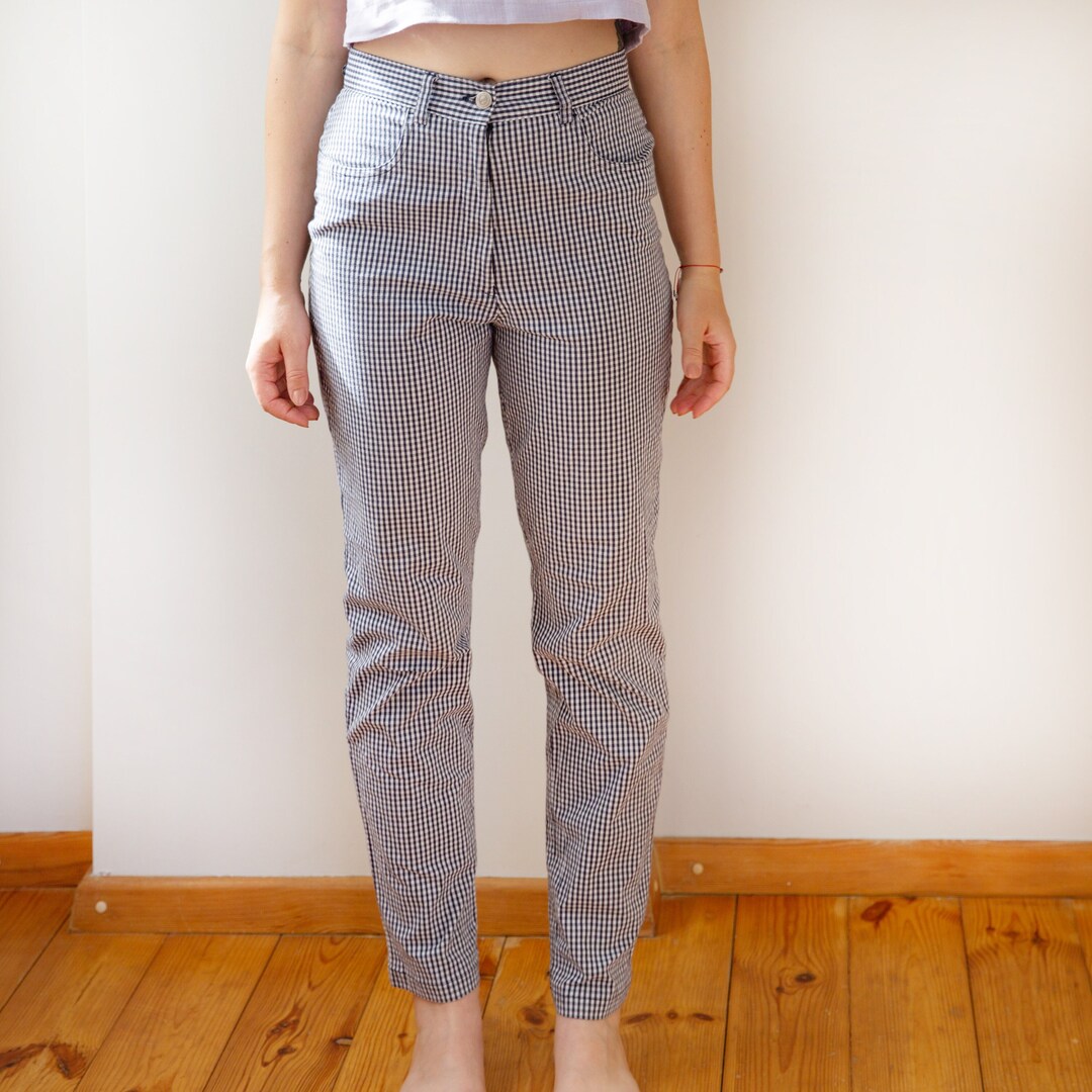 Vintage Slim Fit Check Pattern Pants 60's Mod Style Mid Rise Trousers ...