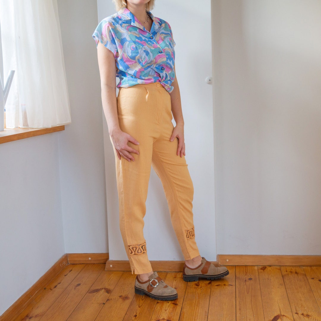 Vintage Yellow Linen Rayon Pants – Embroidered Hem Trousers, High Waist ...