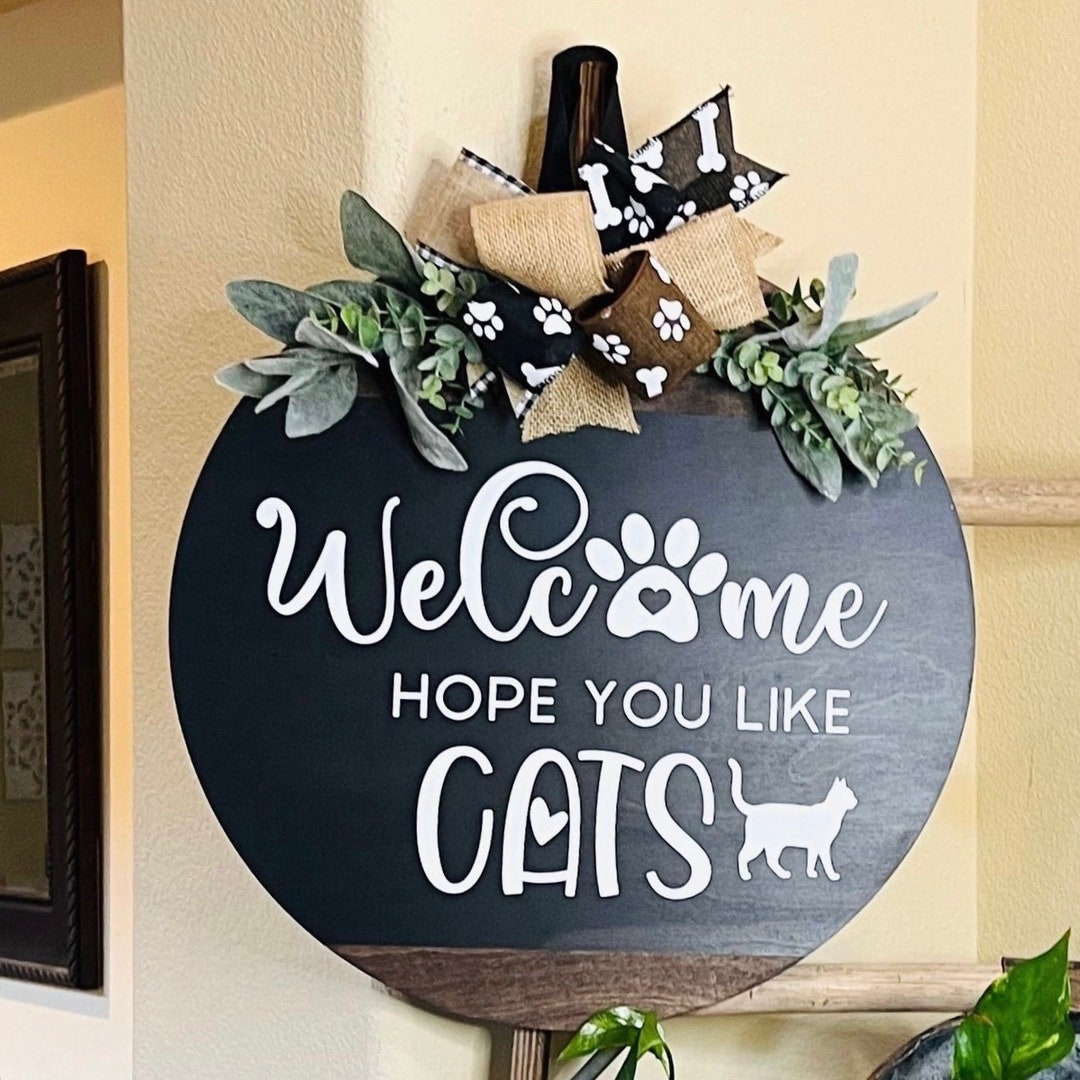 Front Door Decor, Welcome Door Sign, Cat Door Hanger, Cat Lover Door ...