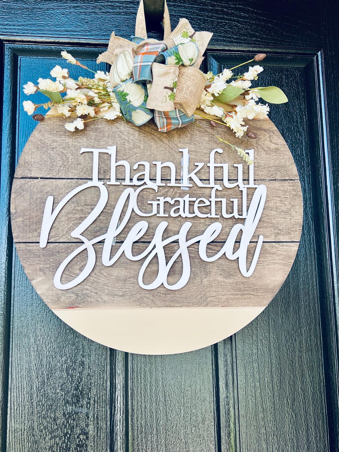 Fall Welcome Door Sign, Thanksgiving Door Hanger, Thankful and Blessed ...