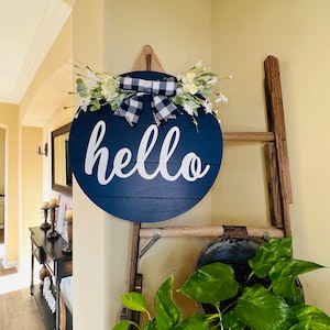 Blue Hello Door Sign, Welcome Door Hanger, Front Door Decor, Wood Front ...