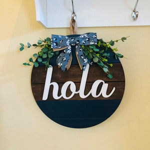 Hola Door Sign Hello Door Hanger Hola Wood Round Wreath - Etsy