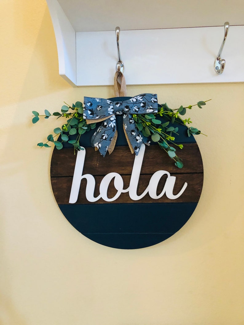 Hola Door Sign Hello Door Hanger Hola Wood Round Wreath | Etsy