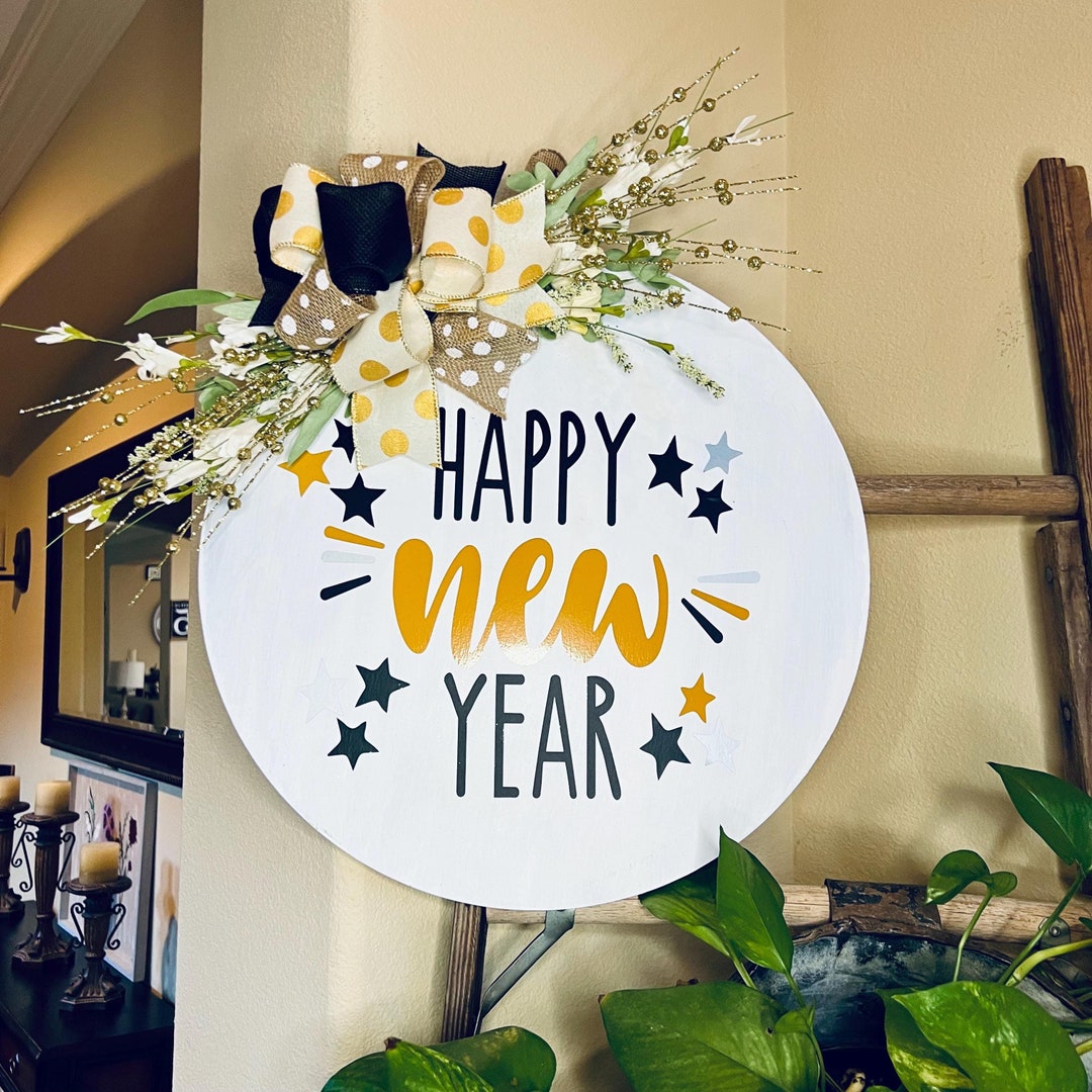 Front Door Decor, New Years Door Sign, Welcome New Year Hanger, Happy ...