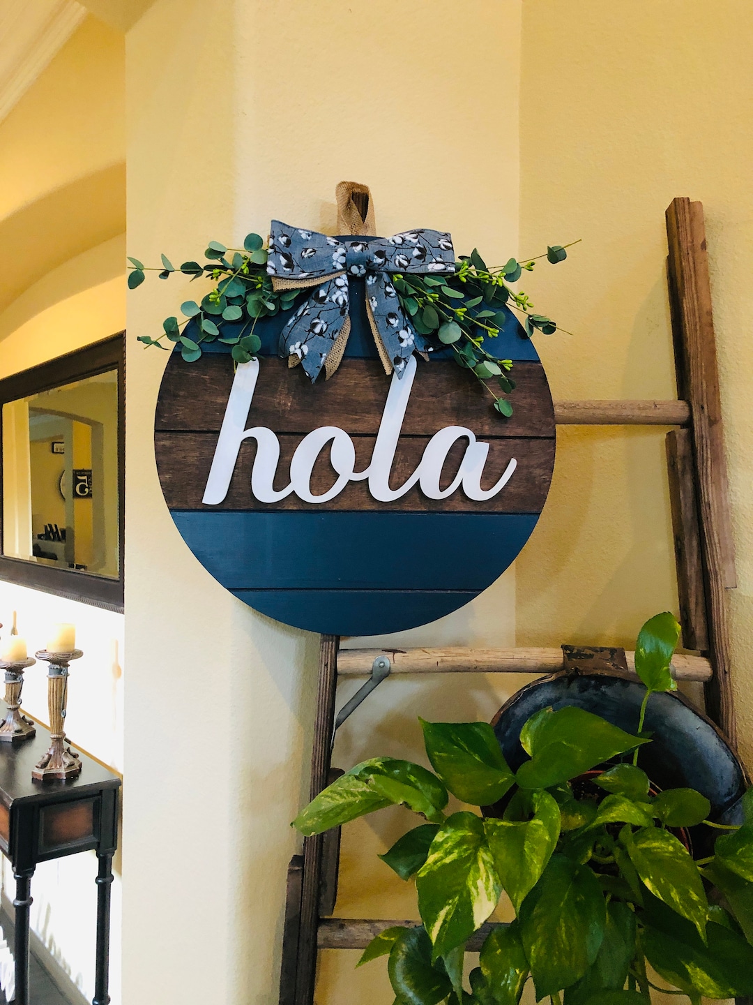 Hola Door Sign Hello Door Hanger Hola Wood Round Wreath - Etsy