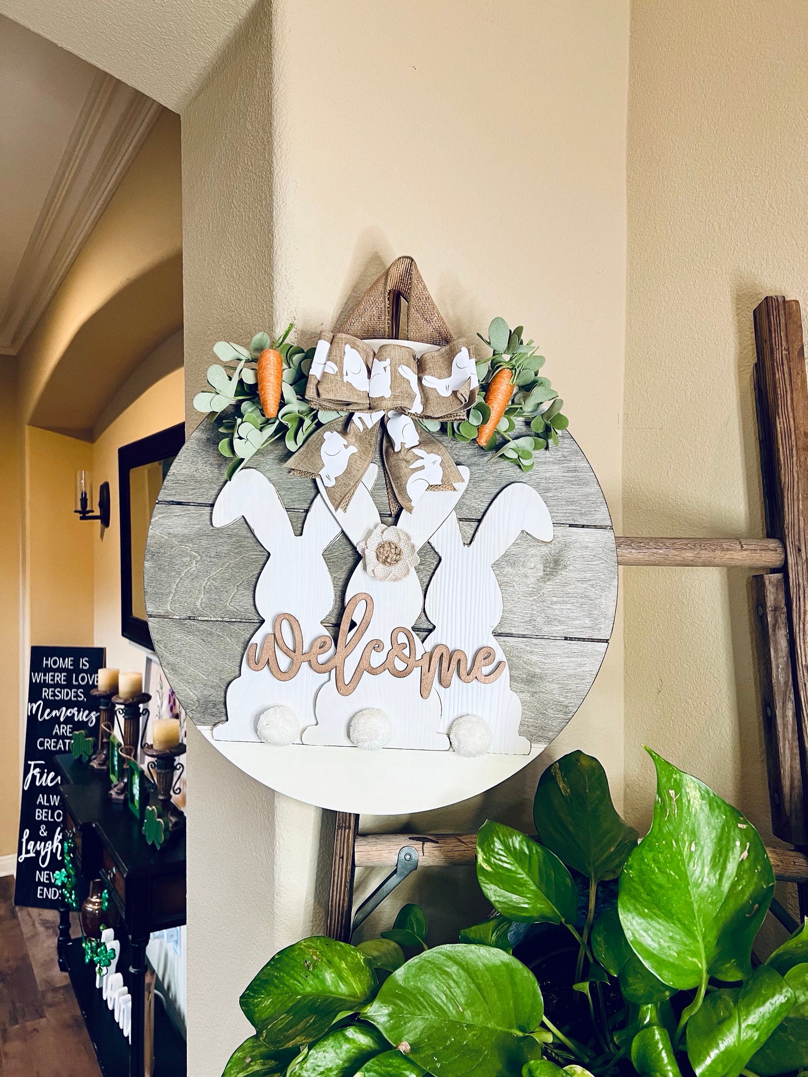 Easter Door Sign, Wood Round Door Hanger, Easter Door Wreath, Bunny ...