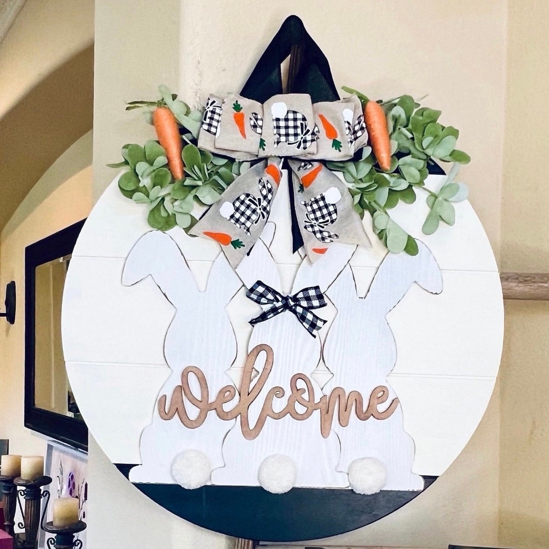 Easter Door Sign, Wood Round Door Hanger, Easter Door Wreath, Bunny ...