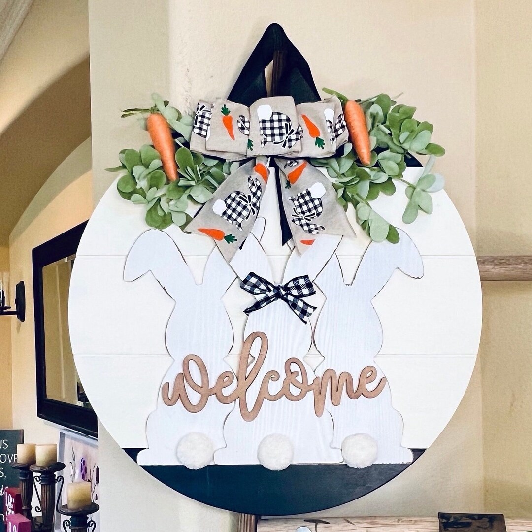 Easter Door Sign, Wood Round Door Hanger, Easter Door Wreath, Bunny ...