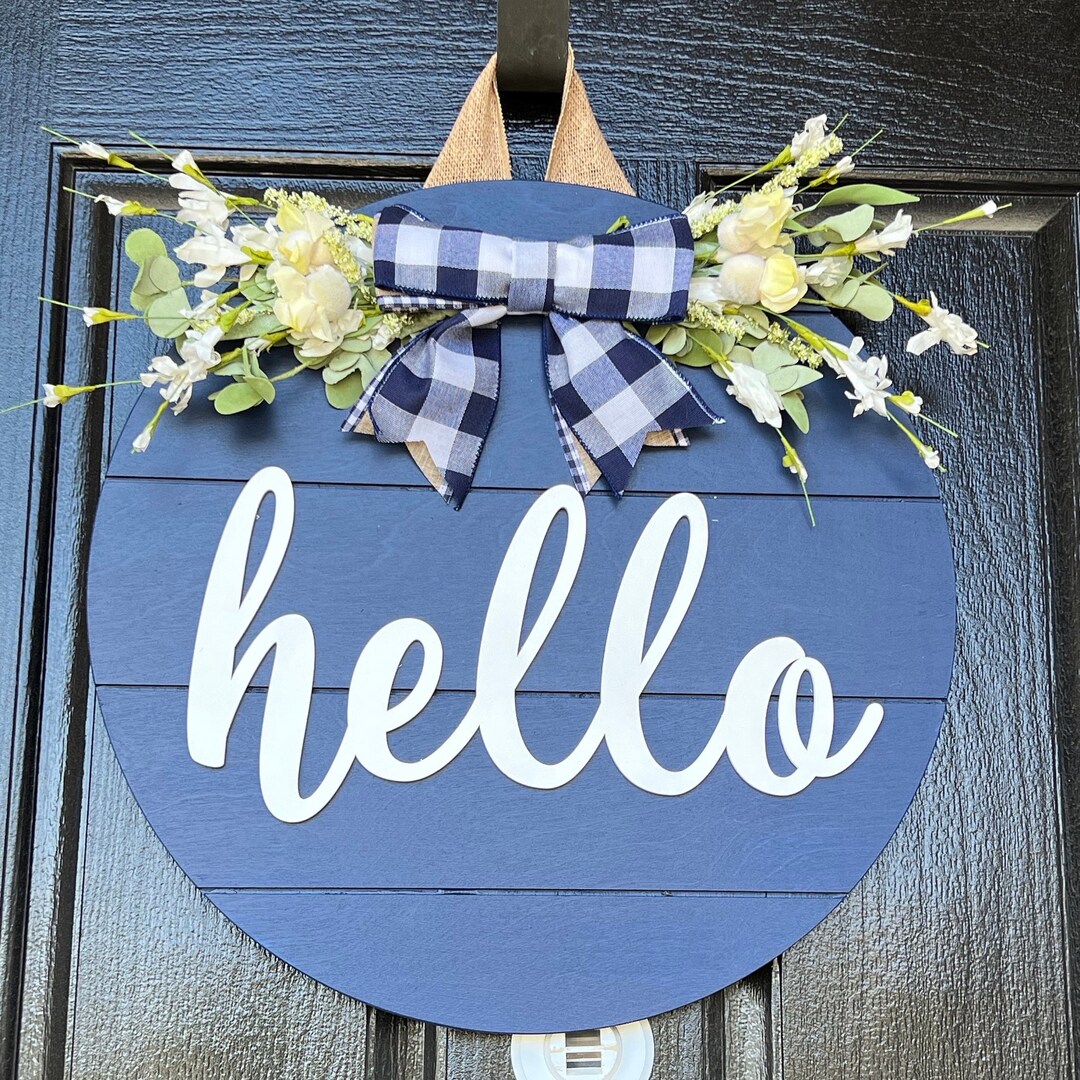 Blue Hello Door Sign, Welcome Door Hanger, Front Door Decor, Wood Front ...