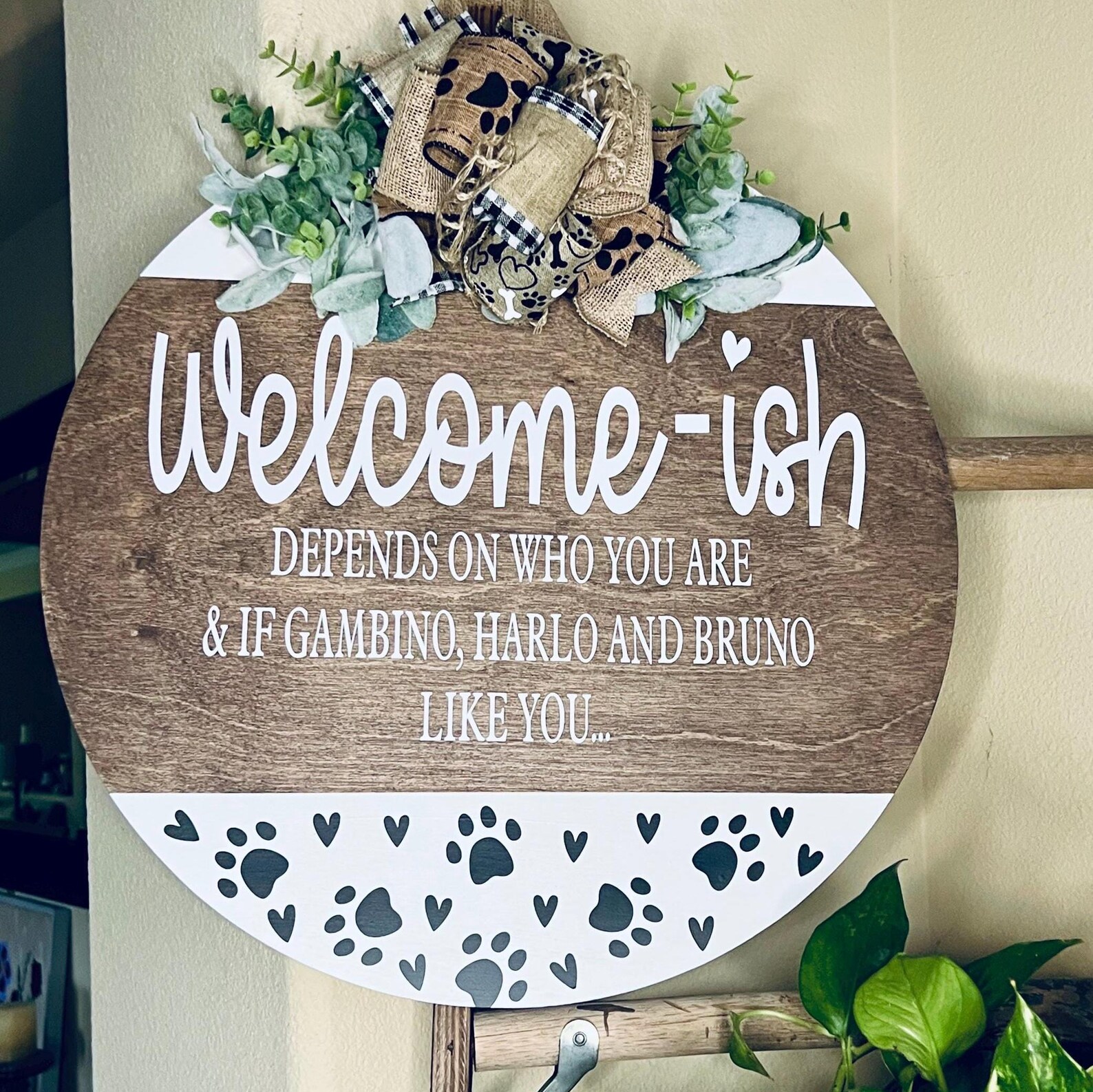 Front Door Decor, Dog Door Sign, Welcomish Door Hanger, Personalized ...
