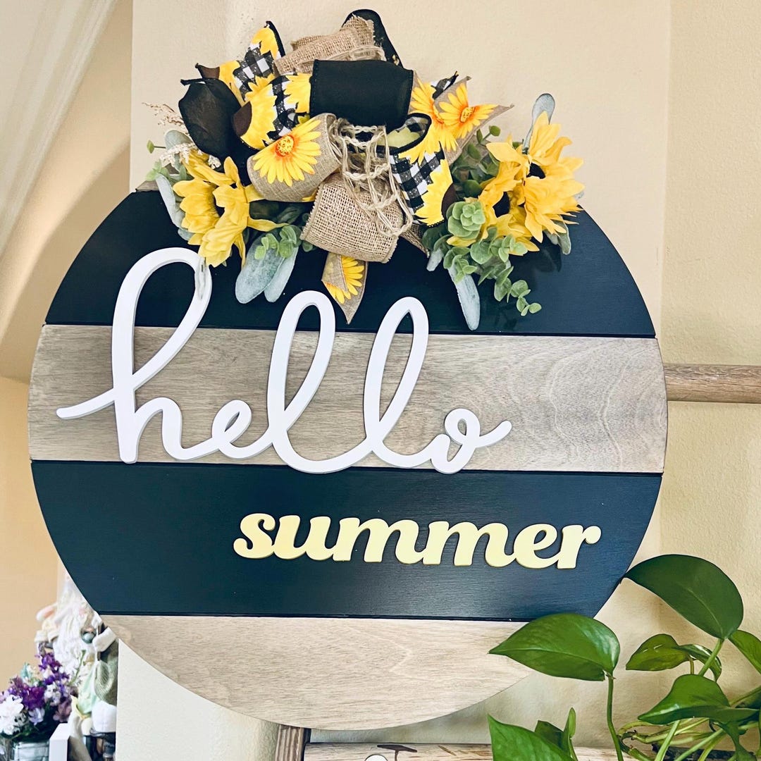 Hello Summer Door Sign, Sunflower Front Door Decor, Round Wooden Porch ...
