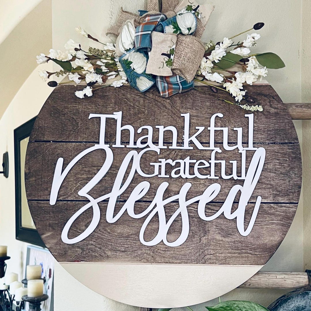 Fall Welcome Door Sign, Thanksgiving Door Hanger, Thankful and Blessed ...