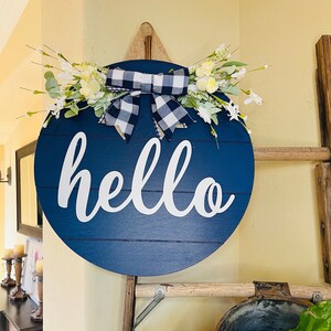 Blue Hello Door Sign, Welcome Door Hanger, Front Door Decor, Wood Front ...
