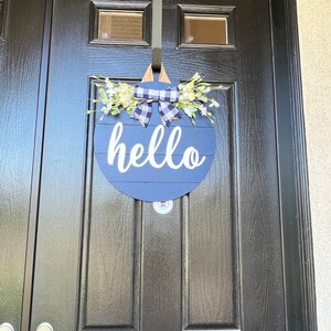 Blue Hello Door Sign, Welcome Door Hanger, Front Door Decor, Wood Front ...
