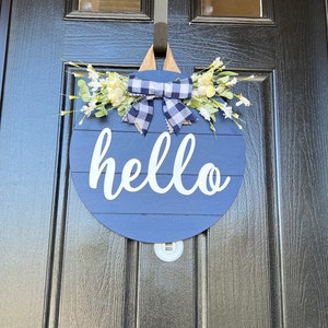 Blue Hello Door Sign, Welcome Door Hanger, Front Door Decor, Wood Front ...