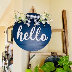 Blue Hello Door Sign, Welcome Door Hanger, Front Door Decor, Wood Front ...