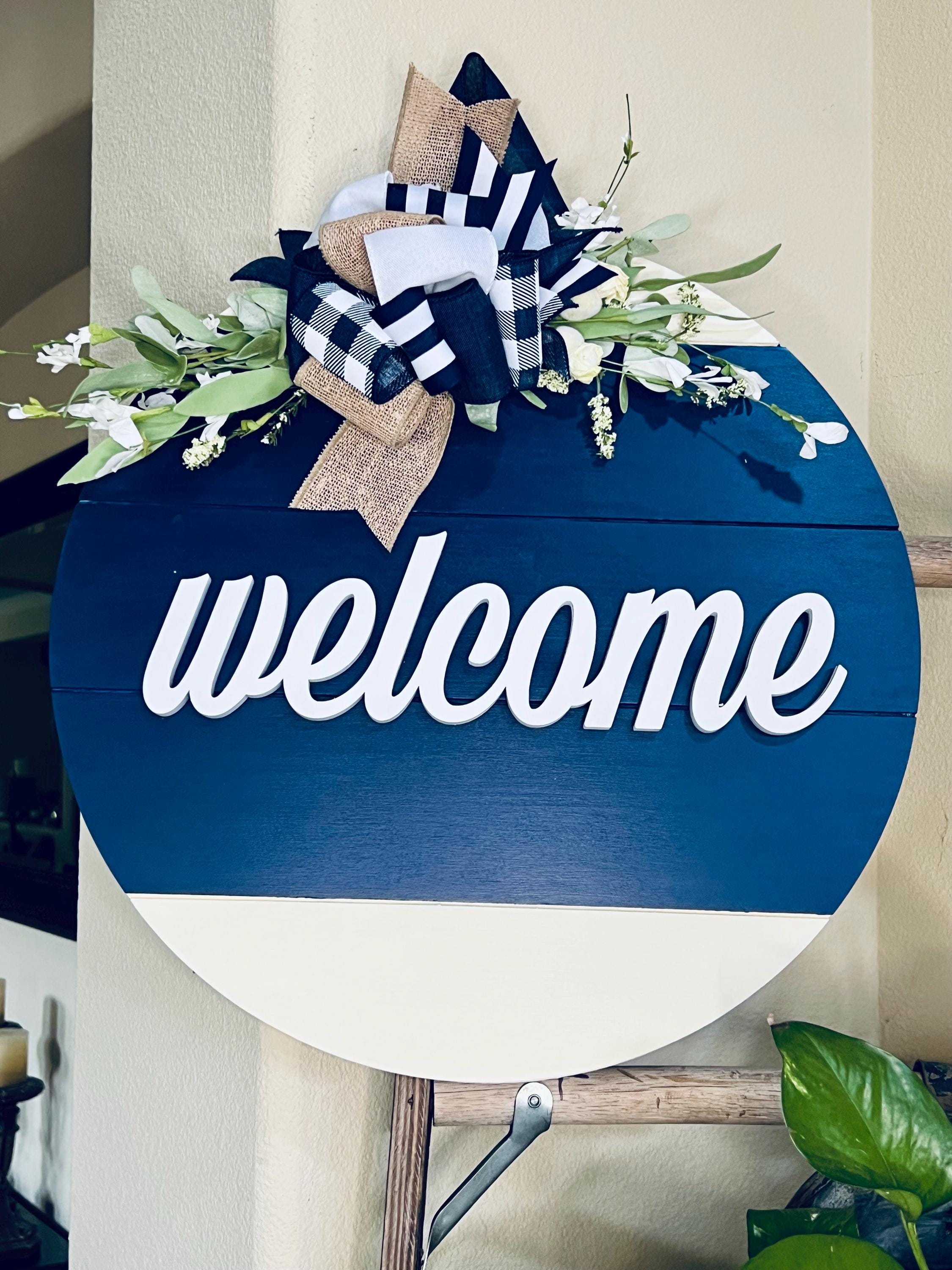 Welcome Door Hanger | Navy Blue Shiplap Round Sign | Farmhouse Front ...