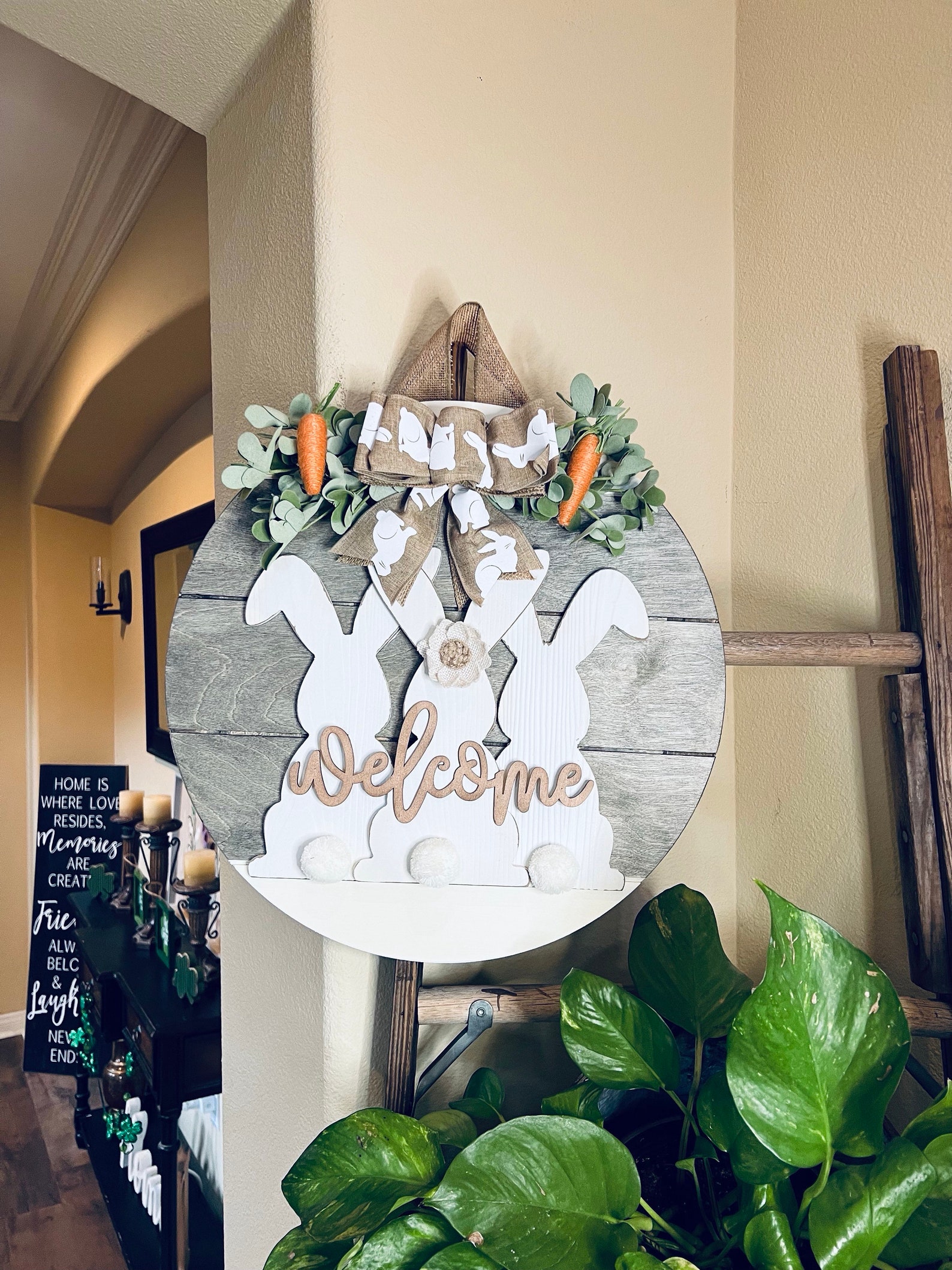 Easter Door Sign, Wood Round Door Hanger, Easter Door Wreath, Bunny ...