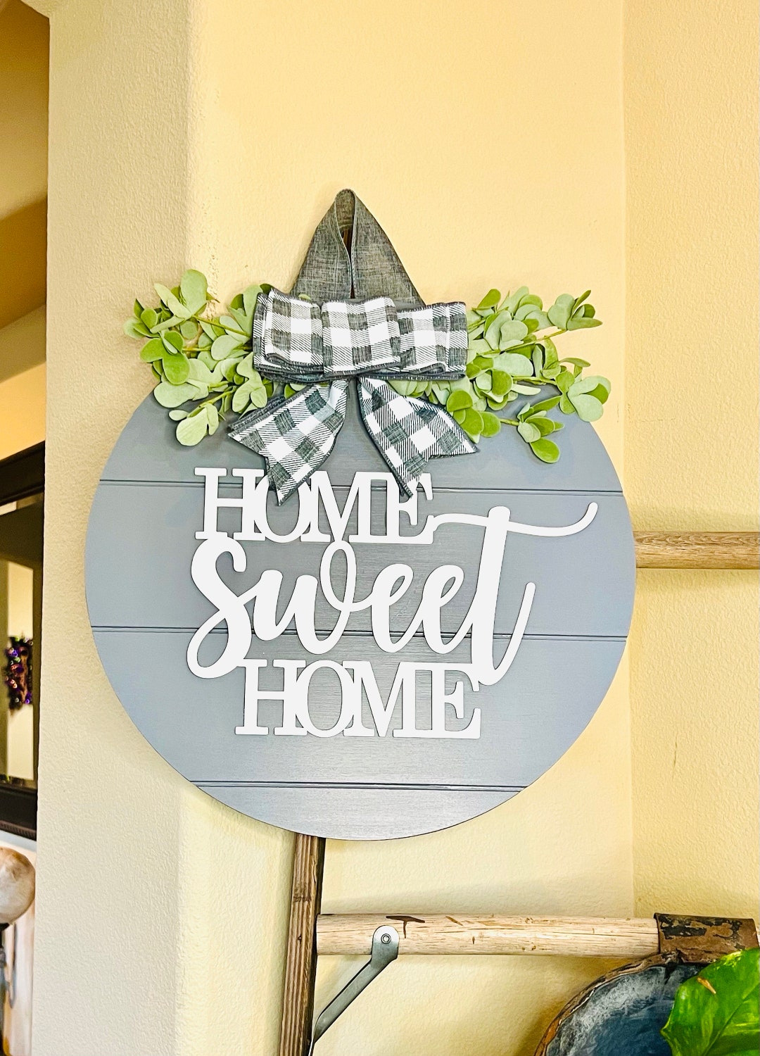 Gray Welcome Sign, Wood Front Door Decor, Door Hanger, Farmhouse Wreath ...