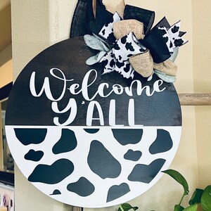 Welcome Y'all Front Door Decor, Country Cow Print Door Hanger ...