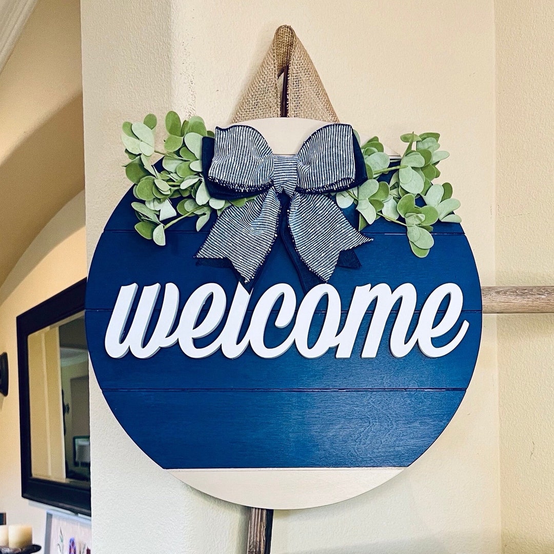 Front Door Decor, Blue Welcome Door Sign, Front Door Hanger, Farmhouse ...