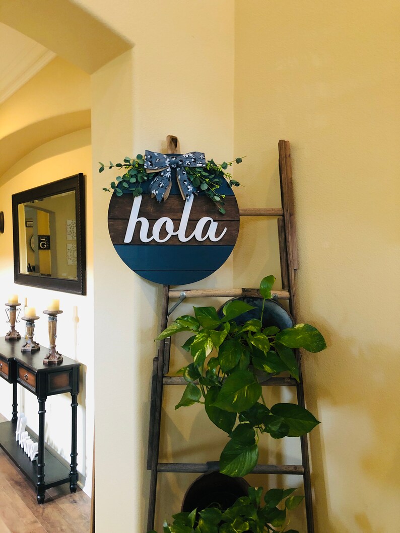 Hola Door Sign Hello Door Hanger Hola Wood Round Wreath | Etsy