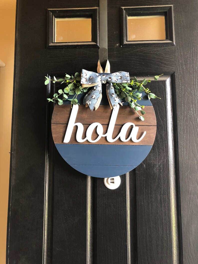 Hola Door Sign Hello Door Hanger Hola Wood Round Wreath | Etsy