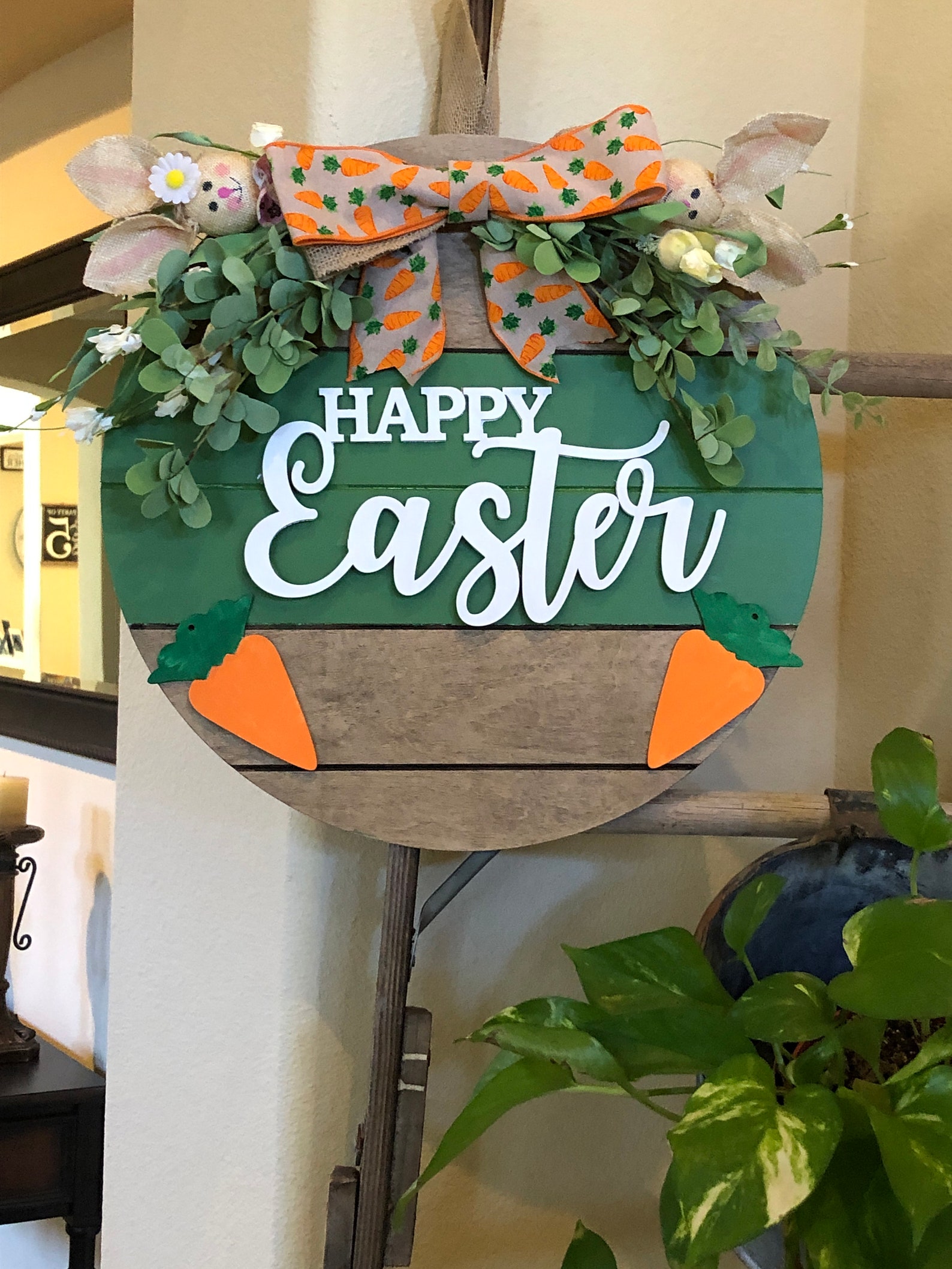 Easter Round Welcome Sign Door Decoration Wood Wreath | Etsy