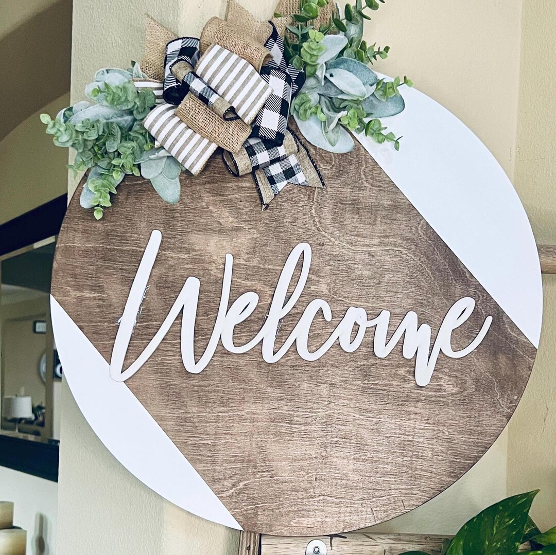 Welcome Door Sign, Round Farmhouse Door Hanger, Rustic Wood Front Door ...