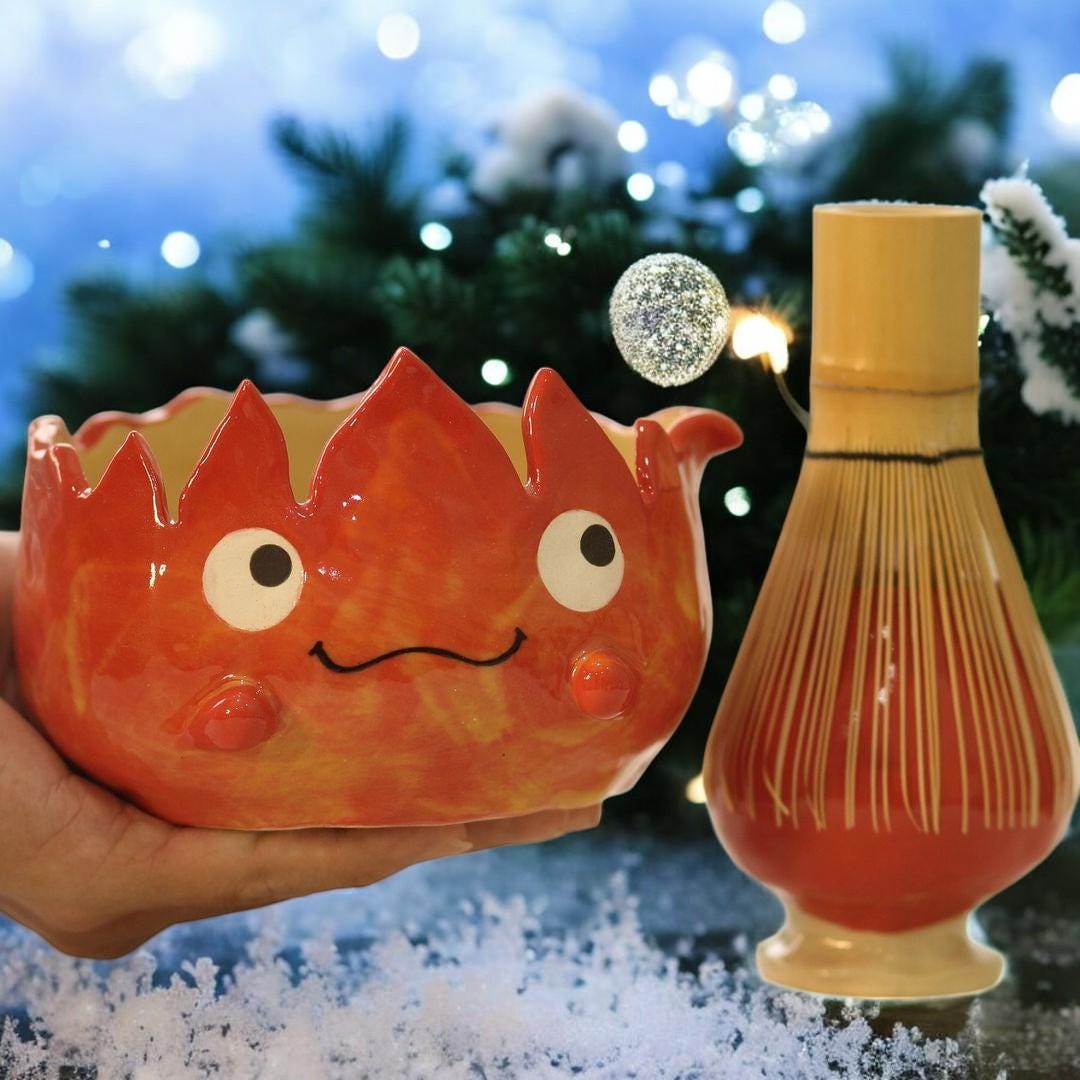 Cute Fire Demon Handmade Ceramic Matcha Bowl-matcha Bowl-calcifer Mug ...