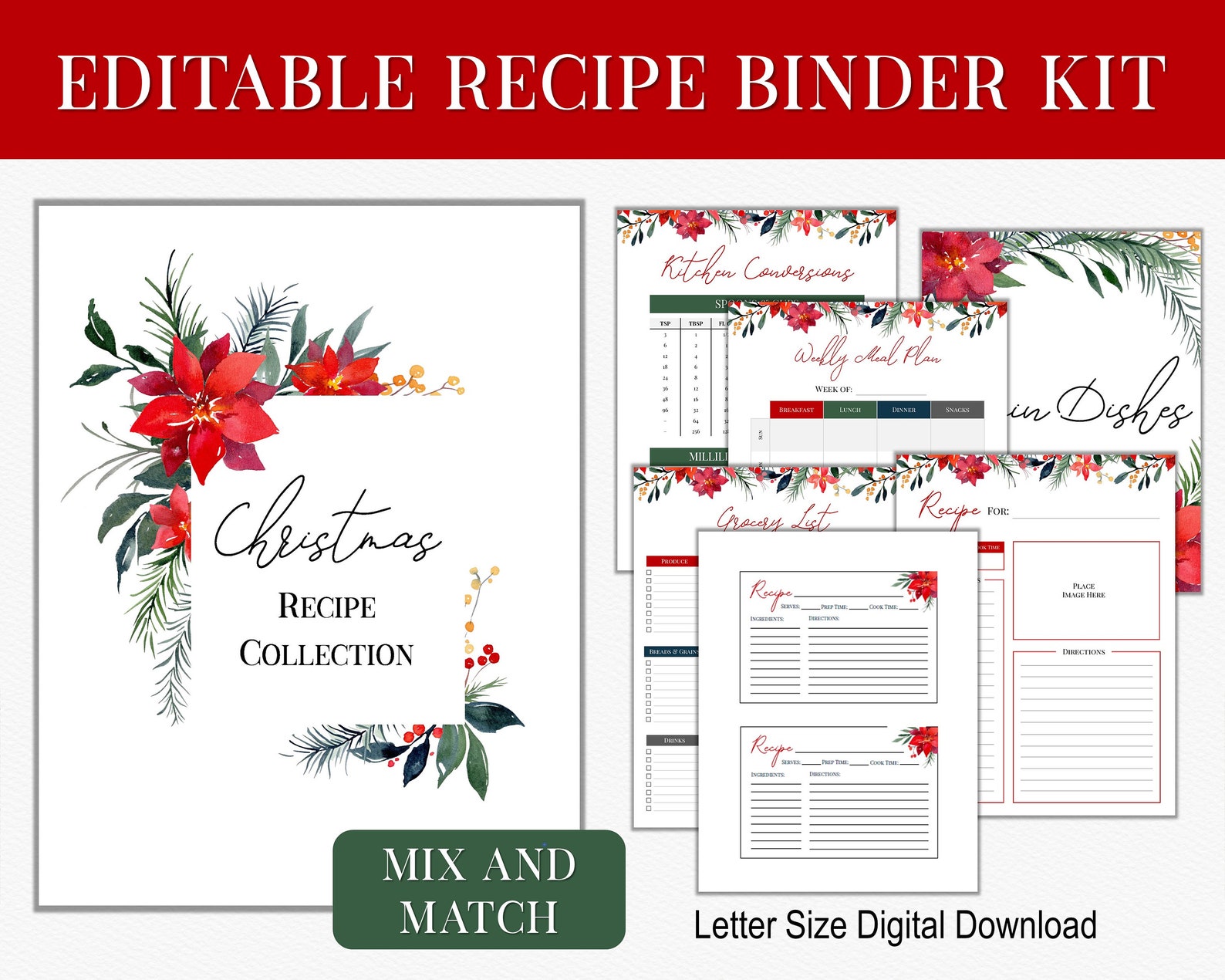 Editable Christmas Holiday Recipe Binder Kit / Printable Recipe ...