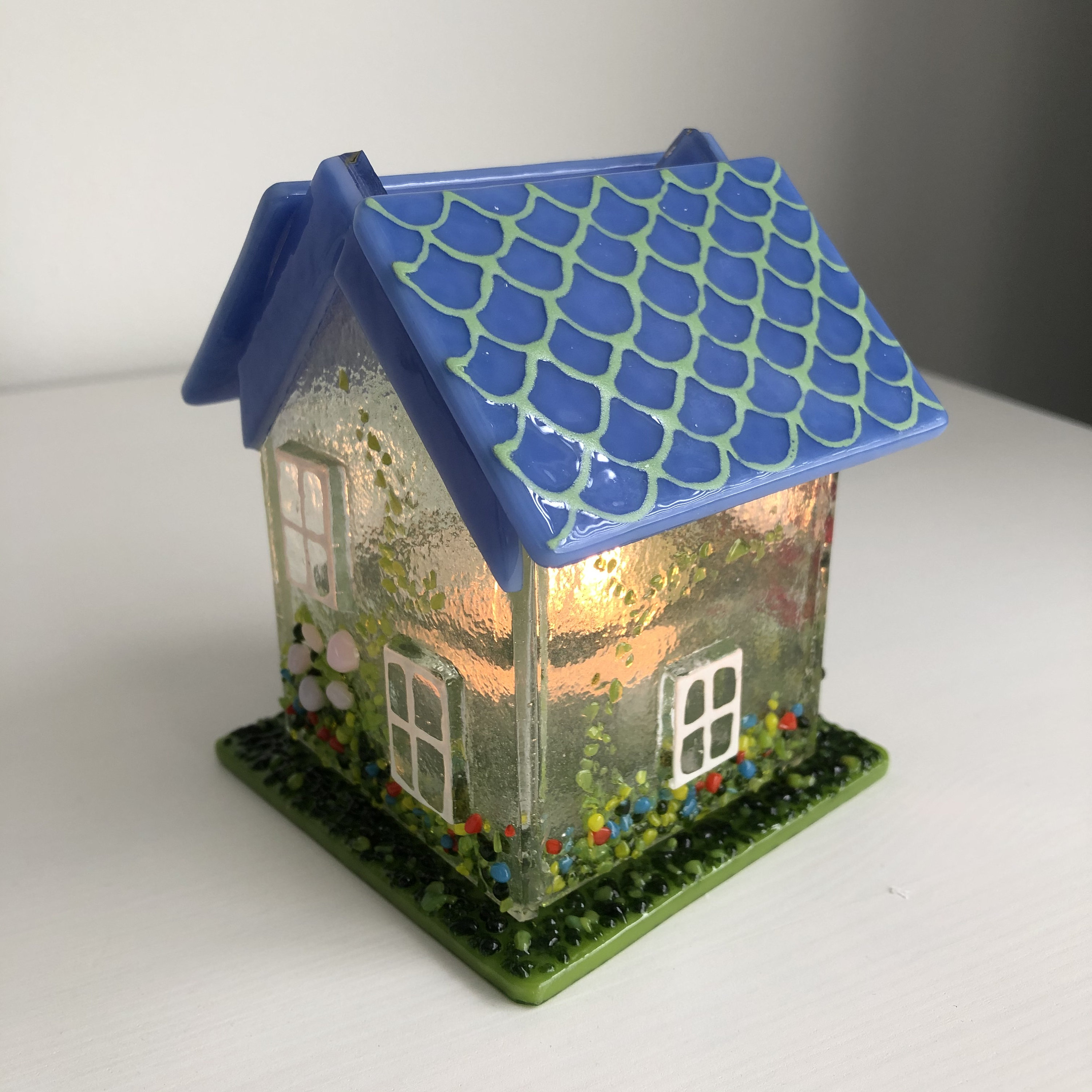 Small Green Cottage With Blue Roof - Fused Glass Tealight House - Etsy UK