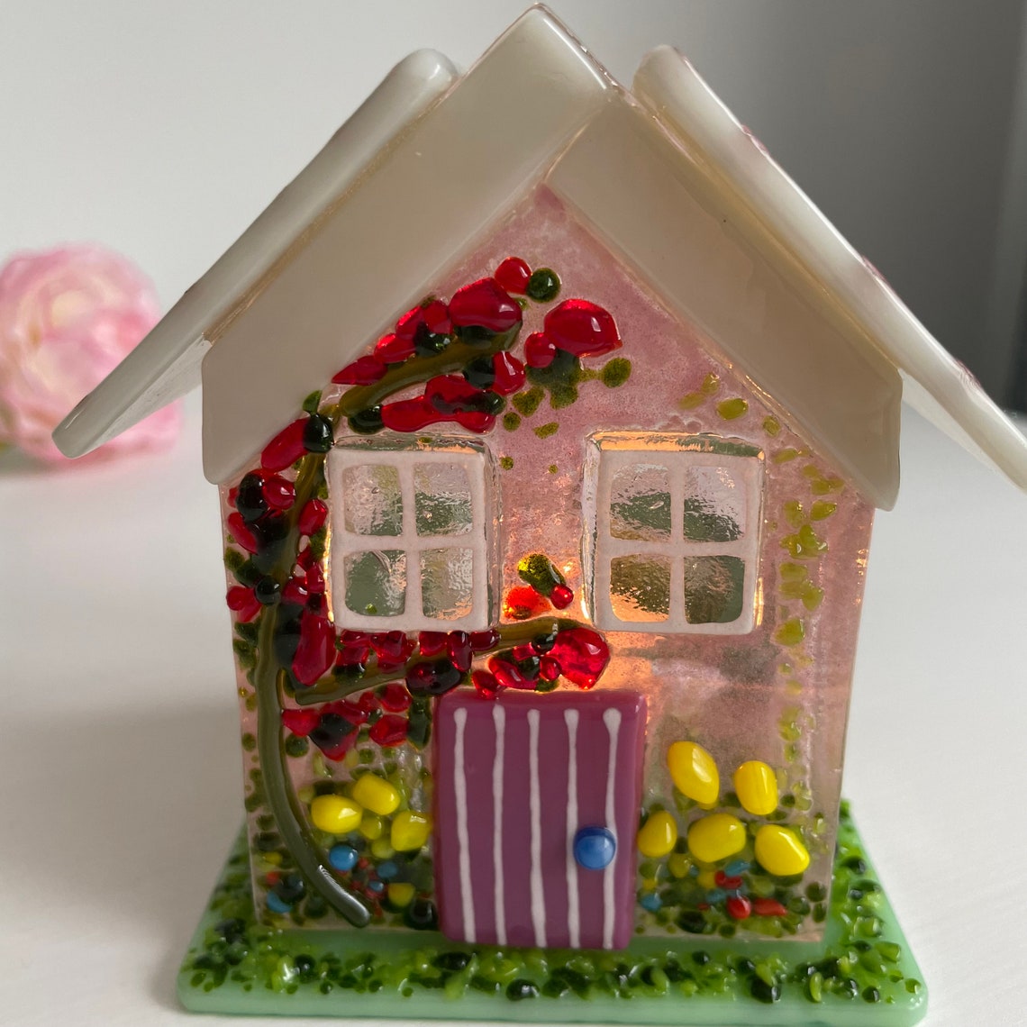 Small Pink Cottage With Grey Roof Fused Glass Tealight House | Etsy UK