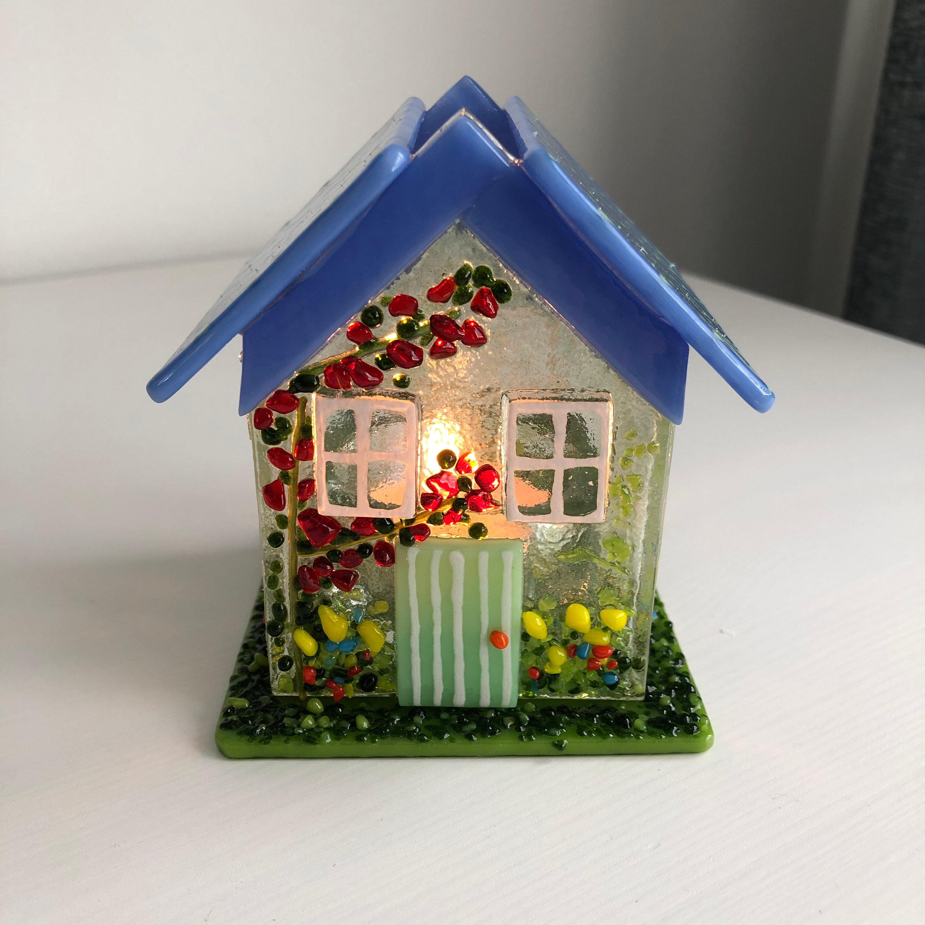 Small Green Cottage With Blue Roof - Fused Glass Tealight House - Etsy