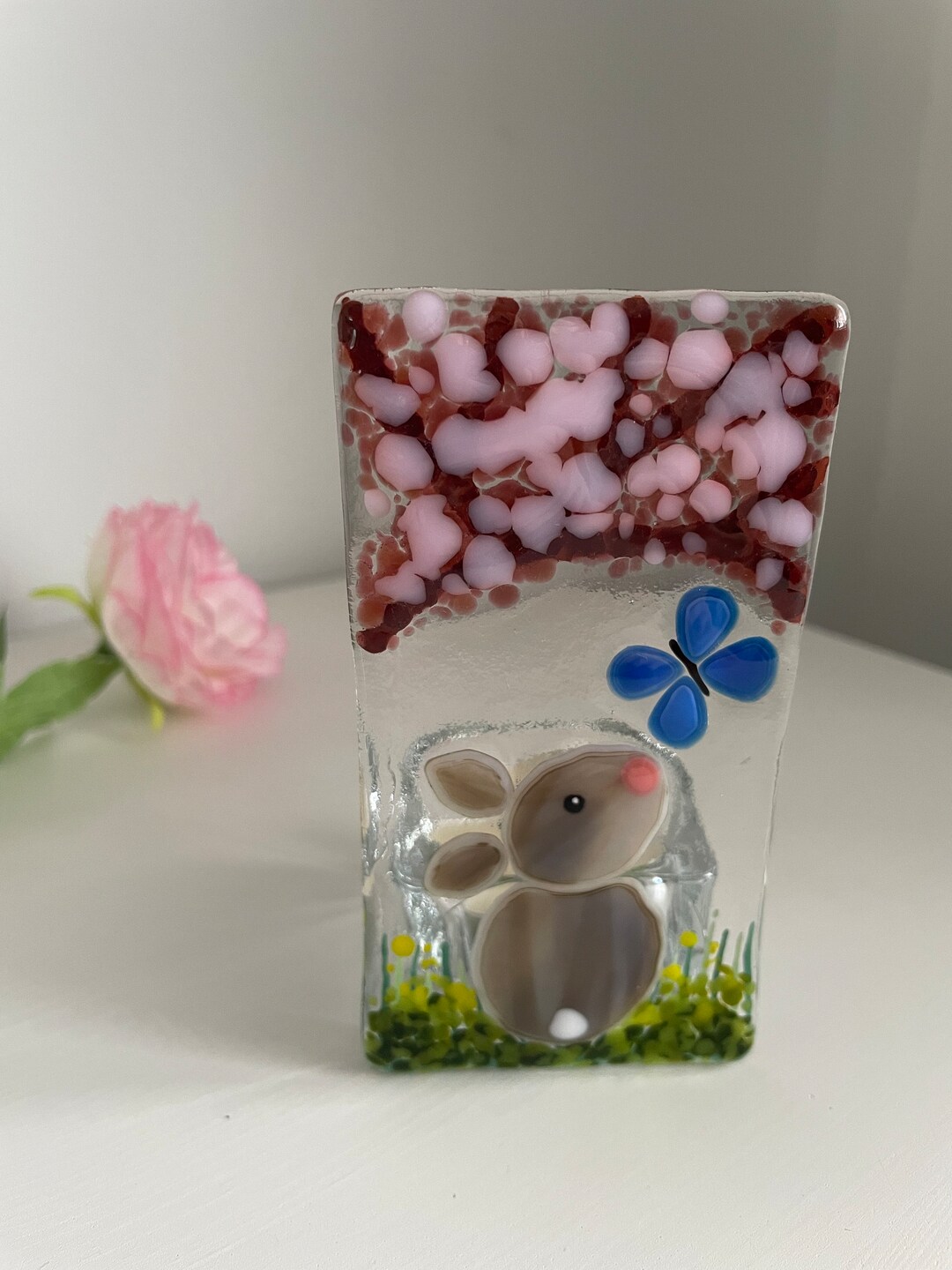 Bunny and Butterfly Under Cherry Blossom Fused Glass Tea Light Panel - Etsy