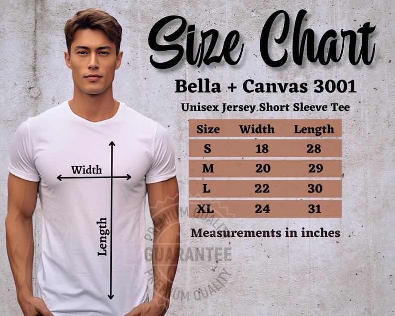 Digital Download Size Chart, Bella Canvas 3001, Male Model Sizing Chart ...