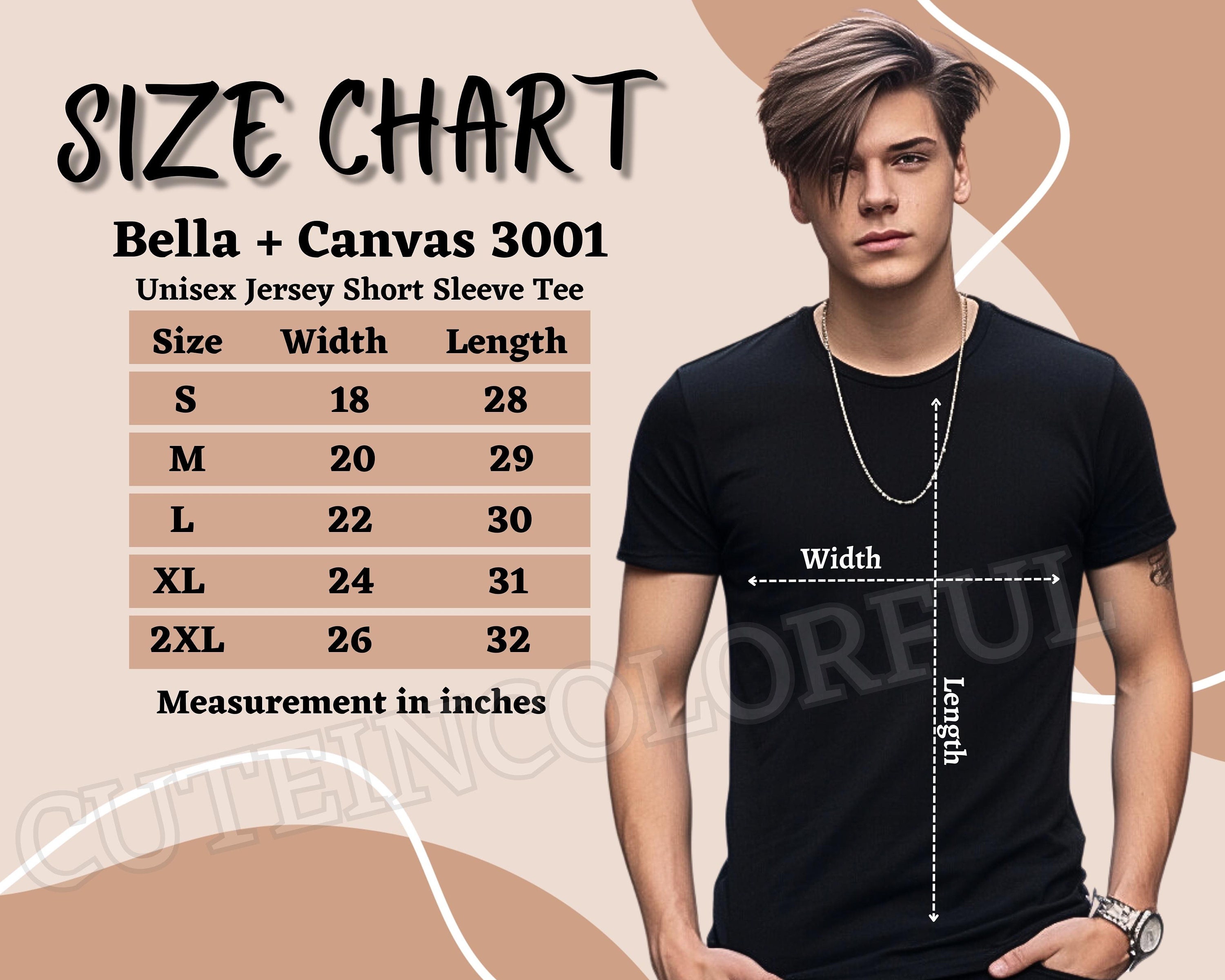 4 Digital Download Size Chart's, Bella Canvas 3001, Male Model Sizing ...