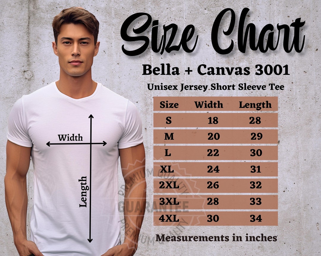 Digital Download Size Chart, Bella Canvas 3001, Male Model Sizing Chart ...