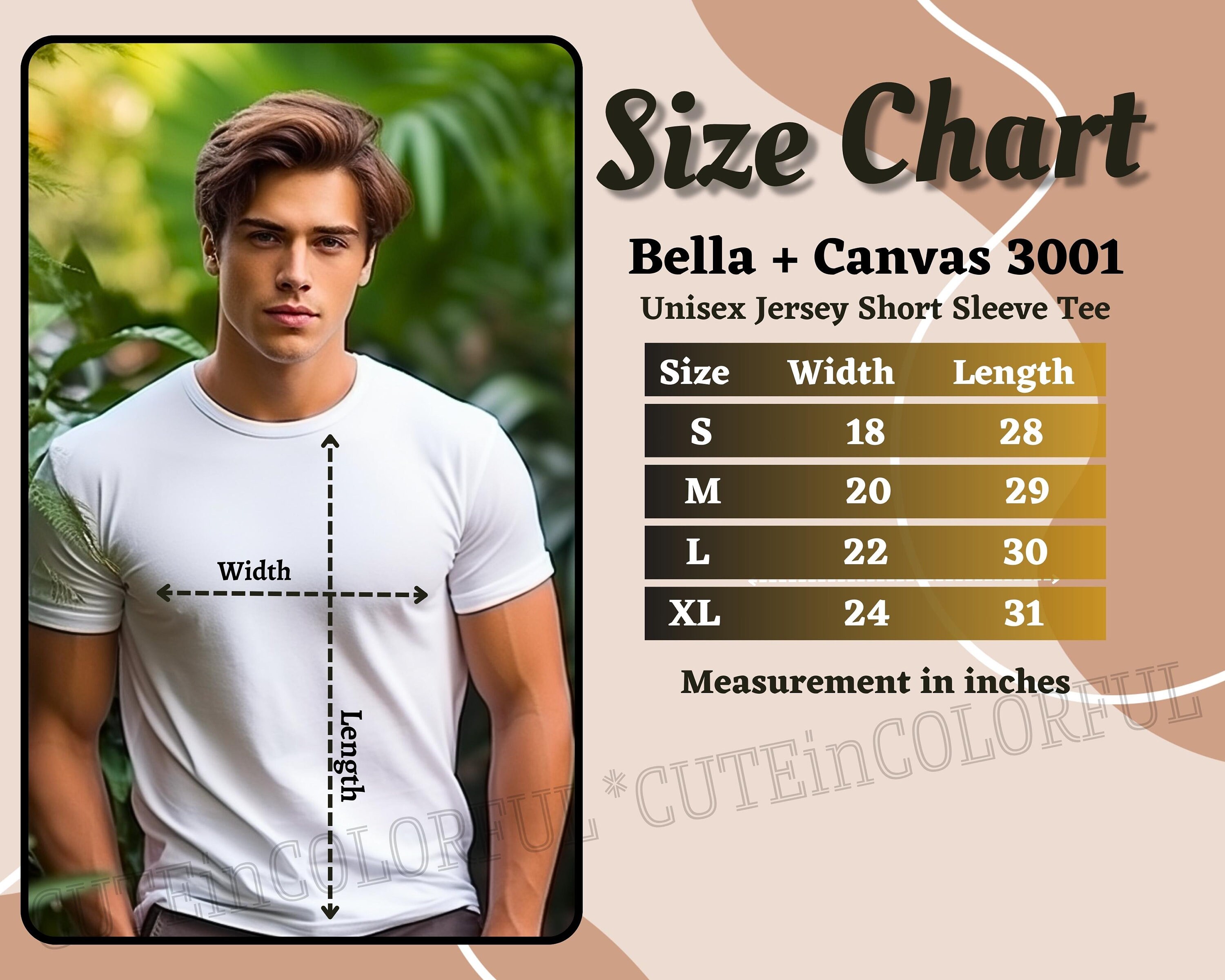 Digital Download Size Chart, Bella Canvas 3001, Male Model Sizing Chart ...